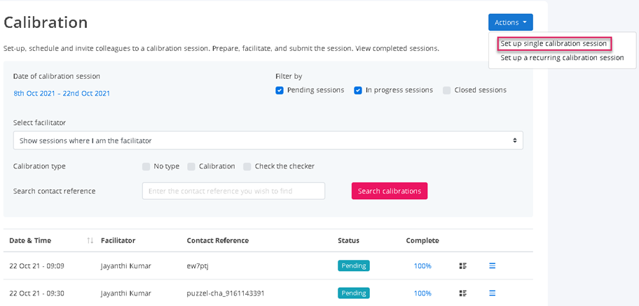 Setting Up A Calibration Session For A Contact Not Evaluated Previously